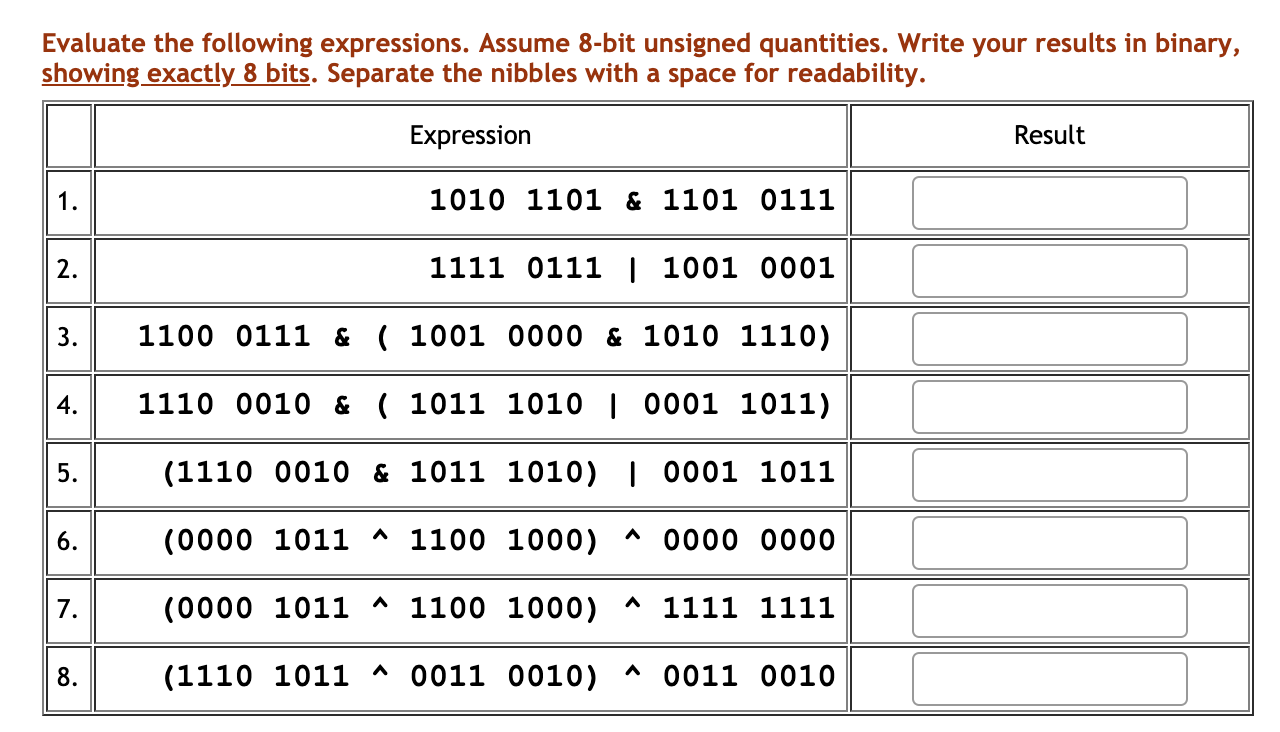 Solved Evaluate the following expressions. Assume 8-bit | Chegg.com