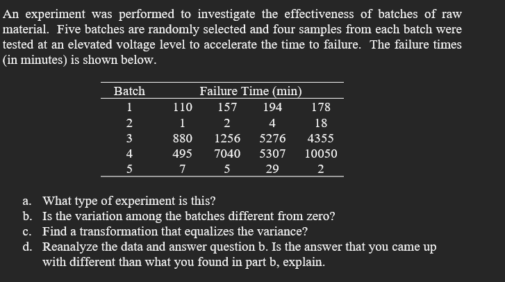 Solved An experiment was performed to investigate the | Chegg.com