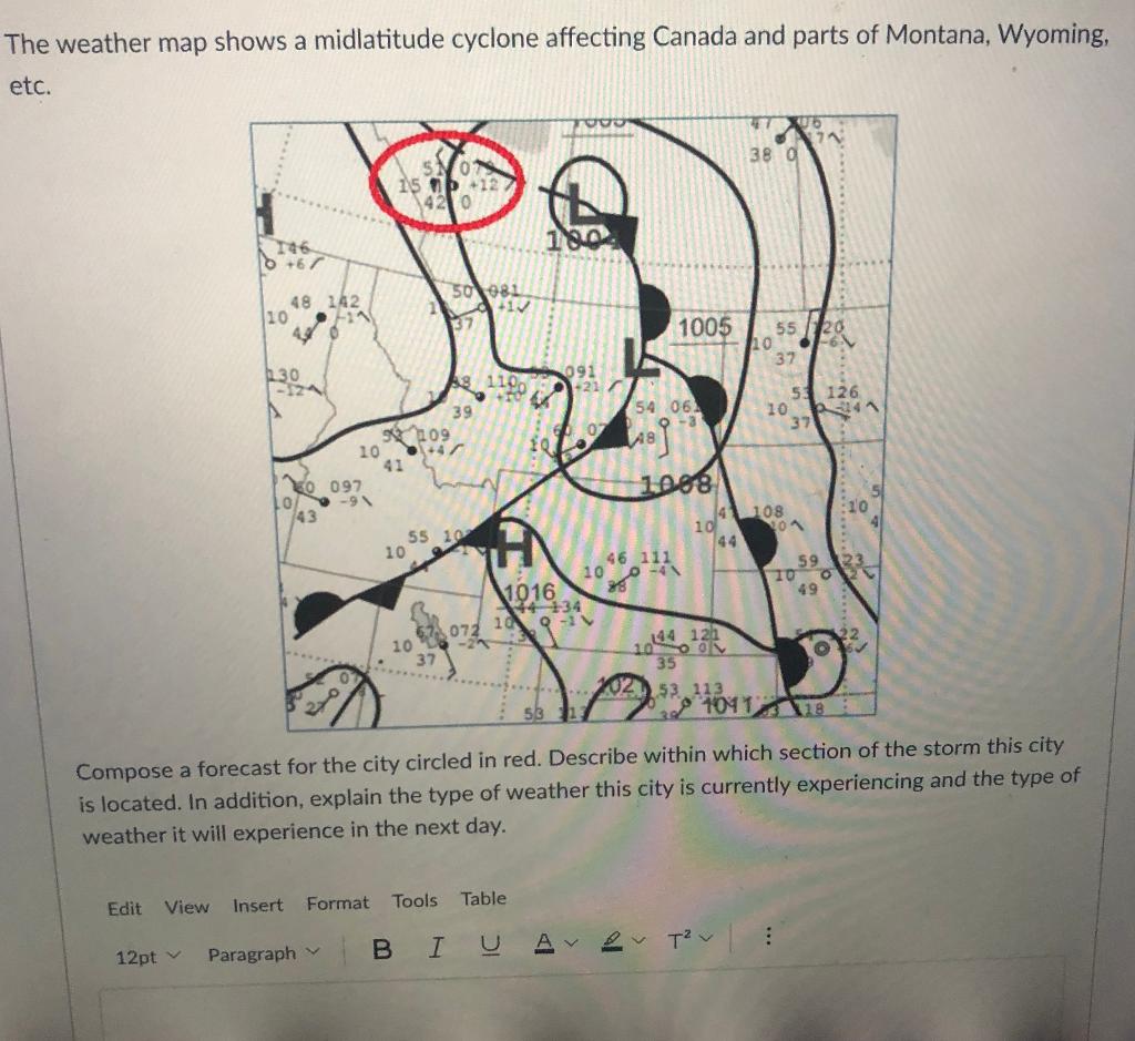The weather map shows a midlatitude cyclone affecting | Chegg.com