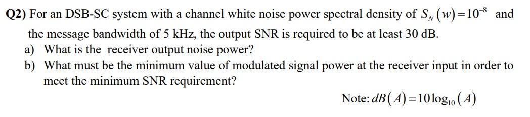 Solved Q2) For an DSB-SC system with a channel white noise | Chegg.com