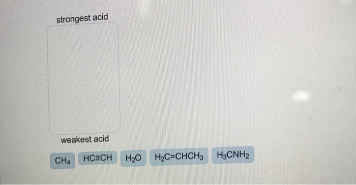 Solved strongest acid weakest acid CH4 HCECH H20 H2C CHCH3 | Chegg.com