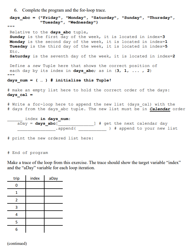 6. Complete the program and the for-loop trace. | Chegg.com