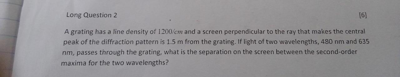 Solved A grating has a line density of 1200/cm and a screen | Chegg.com