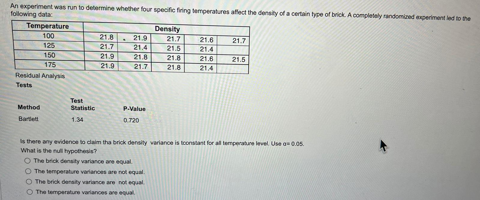 Solved An experiment was run to determine whether four | Chegg.com