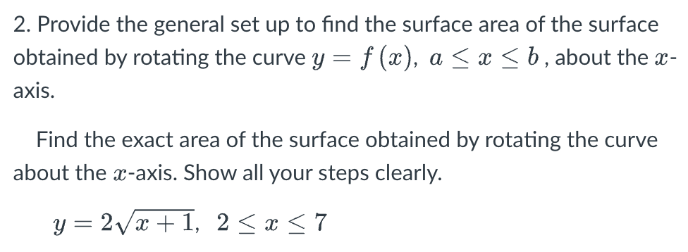 Solved 2. Provide the general set up to find the surface | Chegg.com