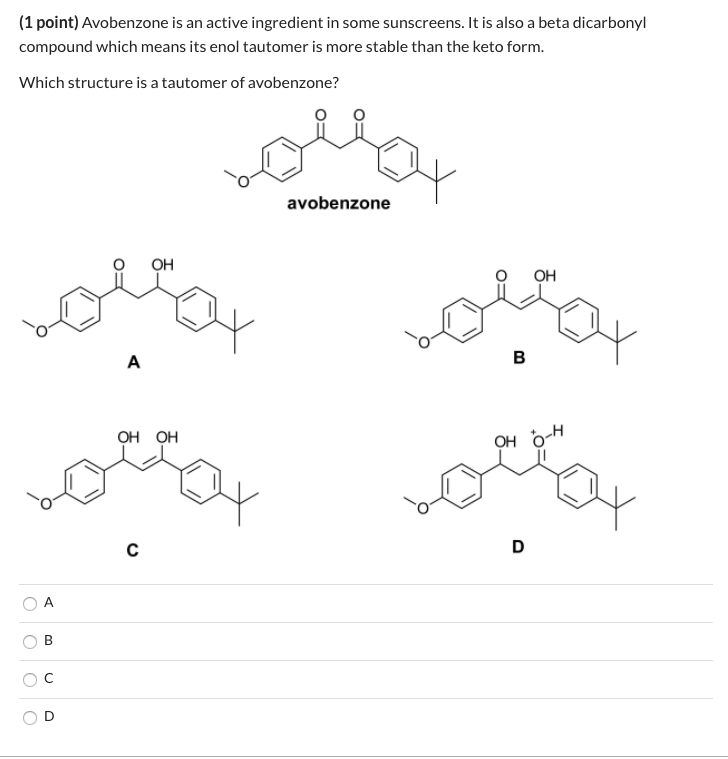 Solved (1 point) Avobenzone is an active ingredient in some | Chegg.com
