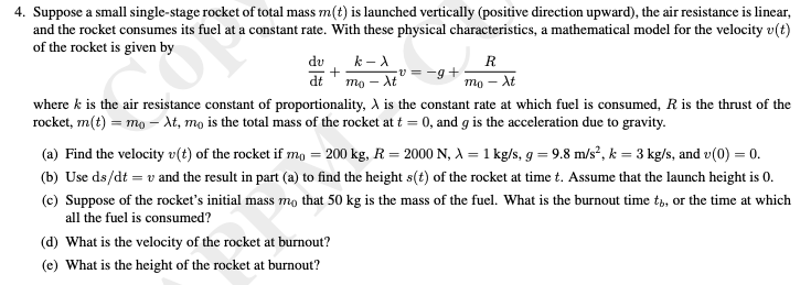 Solved 4. Suppose a small single-stage rocket of total mass | Chegg.com