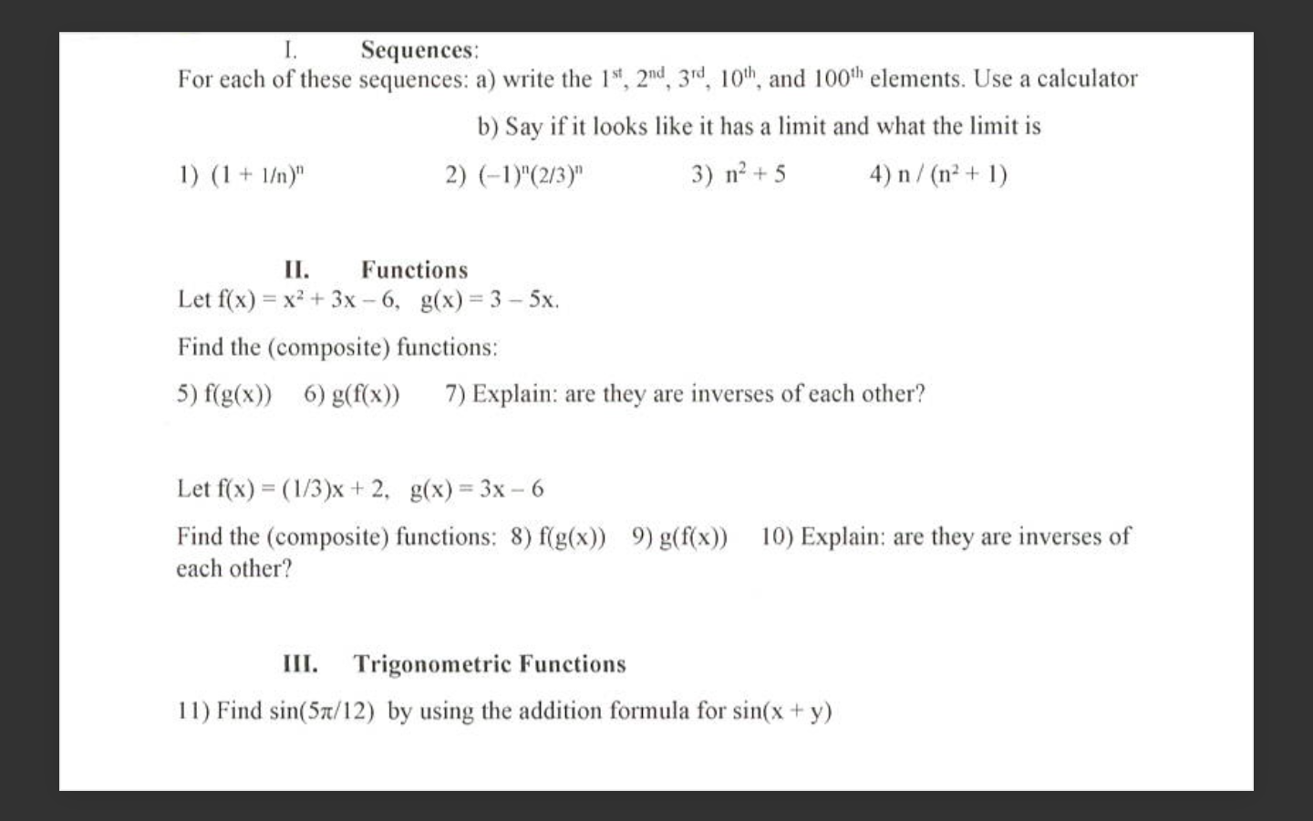 I. Sequences: For each of these sequences: a) write | Chegg.com