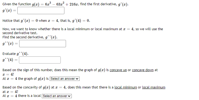 Solved Given the function g(q) = 62° – 632? + 2167, find the | Chegg.com