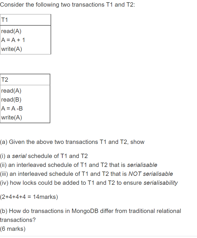 Solved Consider the following two transactions T1 and T2: T1 | Chegg.com
