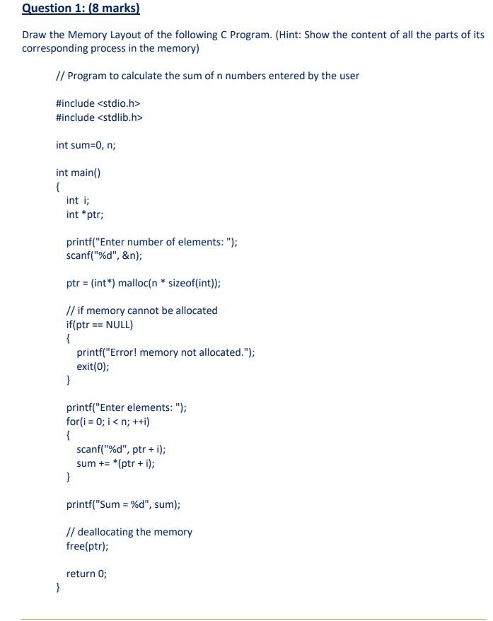 Solved Question 1: (8 marks) Draw the Memory Layout of the | Chegg.com