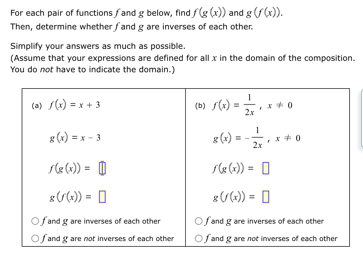 Solved For each pair of functions f and g below, find | Chegg.com