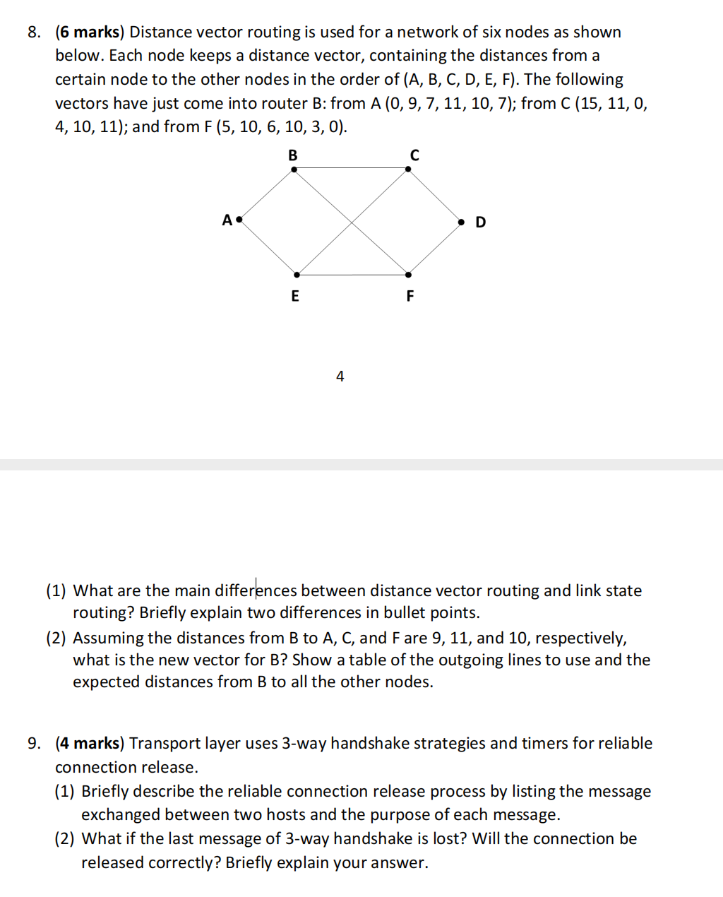 Solved 8. (6 marks) Distance vector routing is used for a | Chegg.com