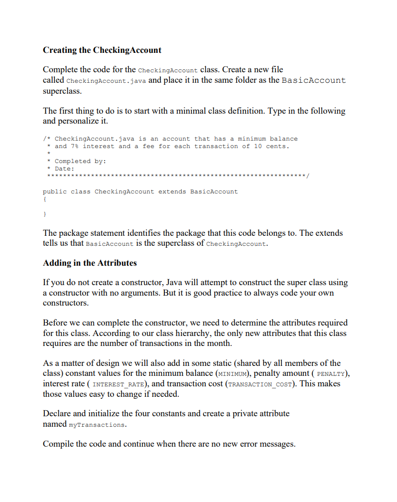 Solved Creating the Checking Account Complete the code for | Chegg.com