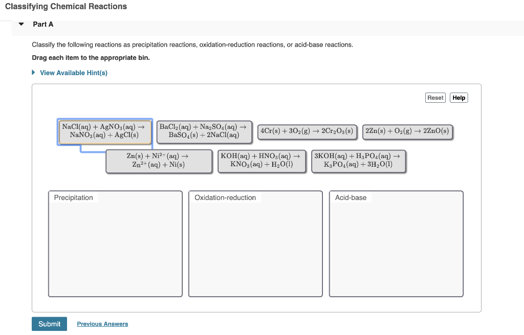 Solved Classifying Chemical Reactions Part A Classify the | Chegg.com