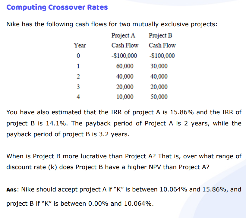 Solved Computing Crossover Rates Nike has the following cash | Chegg.com