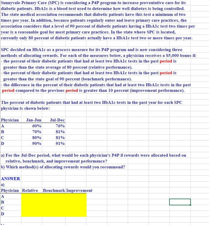 Sunnyvale Primary Care (SPC) is considering a P4P | Chegg.com