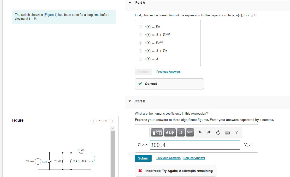 Solved Part A The switch shown in Figure 1) has been open | Chegg.com