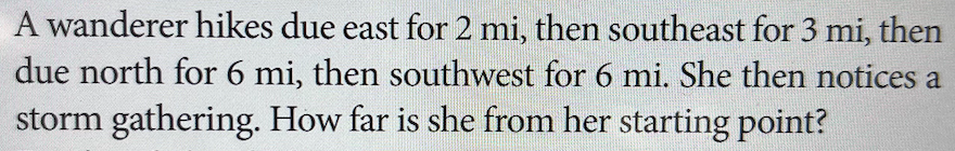 Solved A wanderer hikes due east for 2mi, then southeast for | Chegg.com