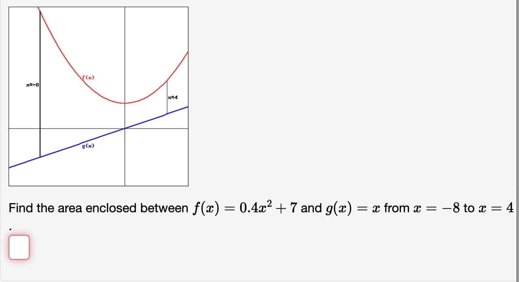 Solved Find the area enclosed between f(x)=0.4x2+7 and | Chegg.com