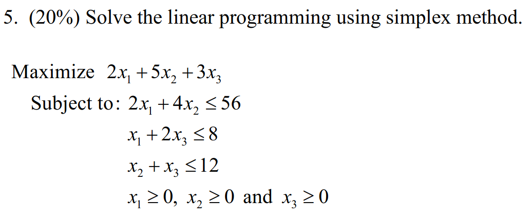 Solved 5. (20%) Solve the linear programming using simplex | Chegg.com