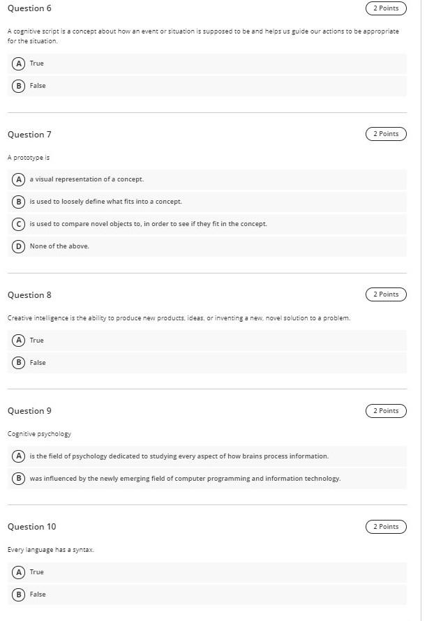 Solved Question 6 2 Points A cognitive script is a concept | Chegg.com