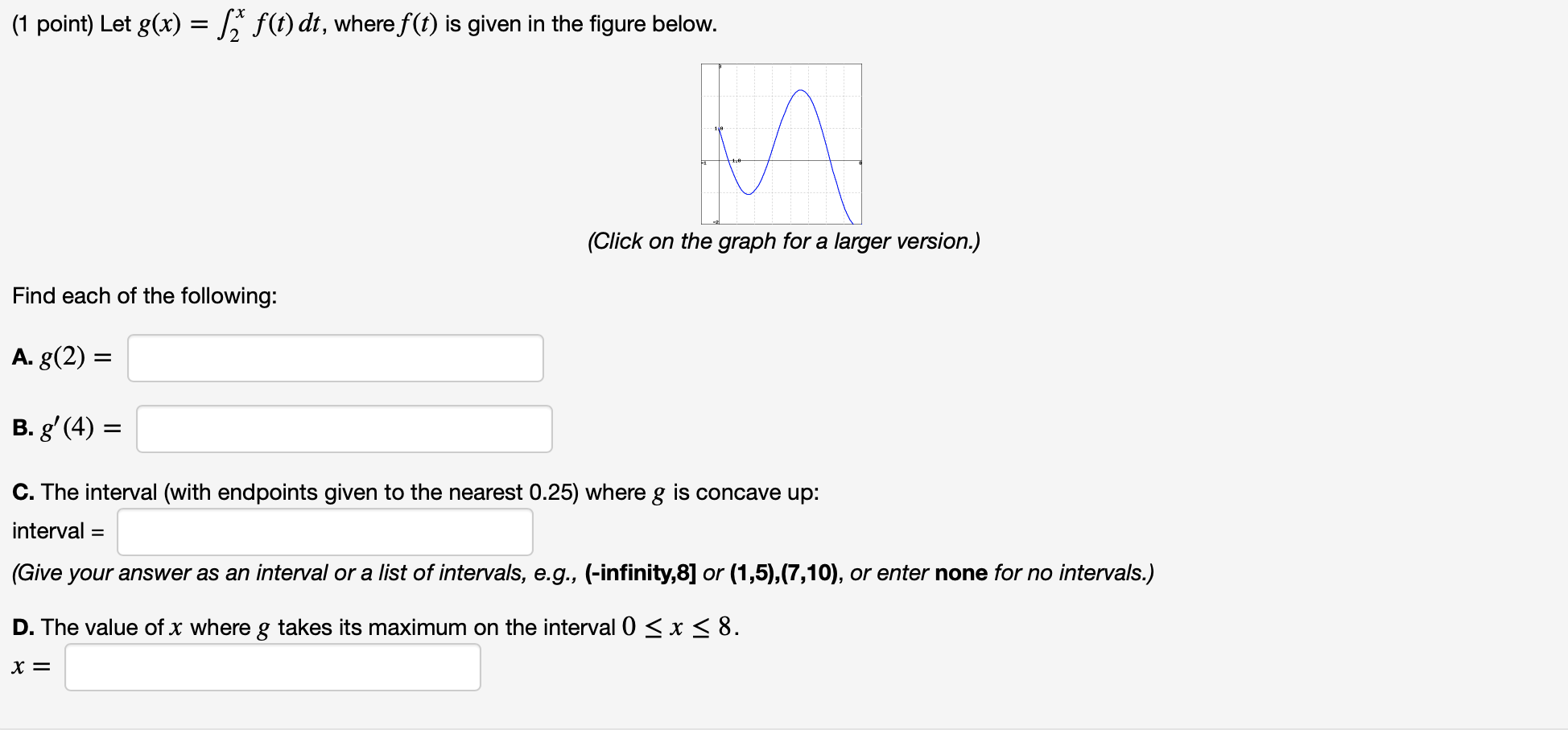 Solved (1 point) Let g(x) = f* f(t) dt, where f(t) is given | Chegg.com