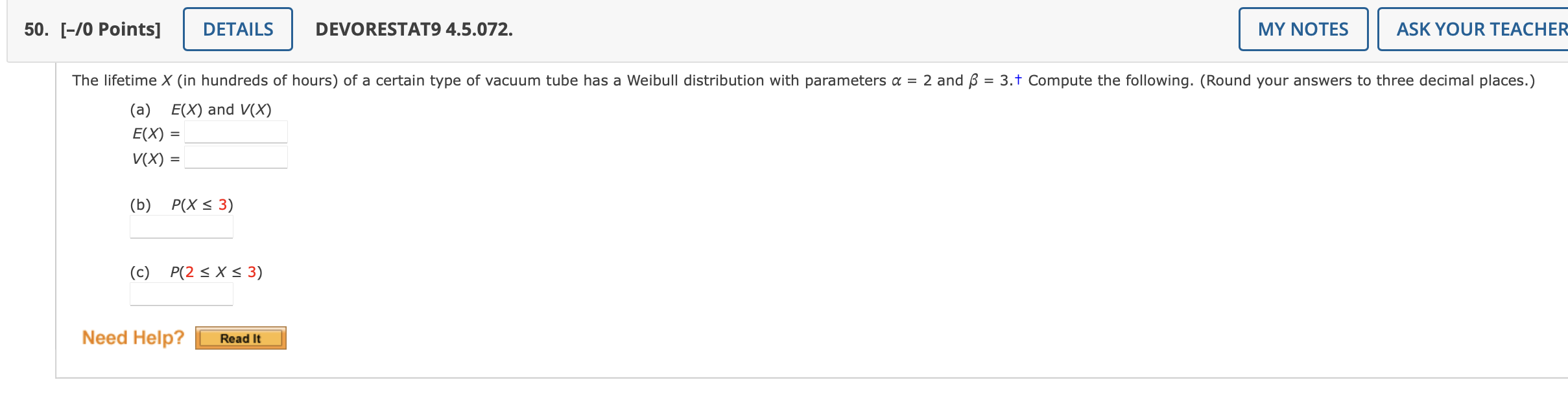 Solved [-/0 Points] DEVORESTAT9 4.5.072. (a) E(X) and V(X) | Chegg.com