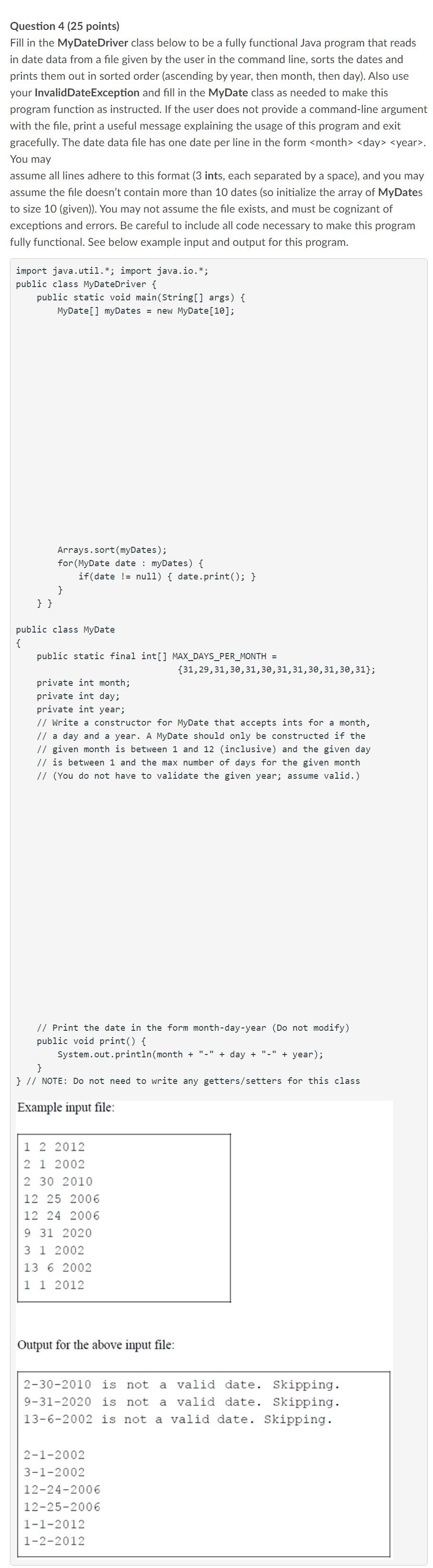 Solved Question 4 ( 25 points) Fill in the MyDateDriver | Chegg.com