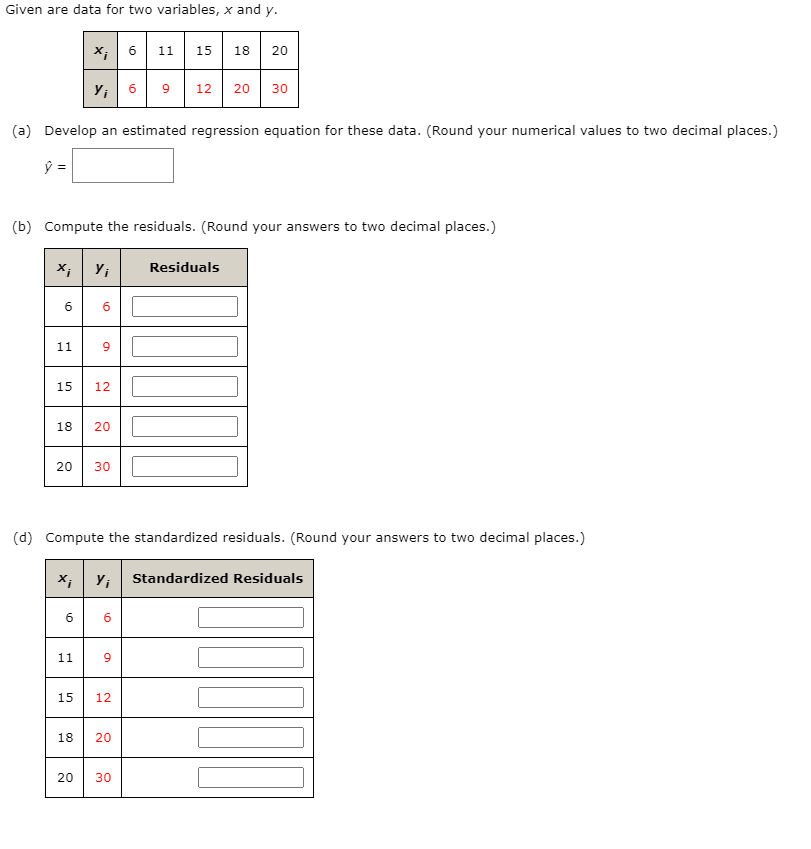Solved Given are data for two variables, x and y. 11 15 18 | Chegg.com