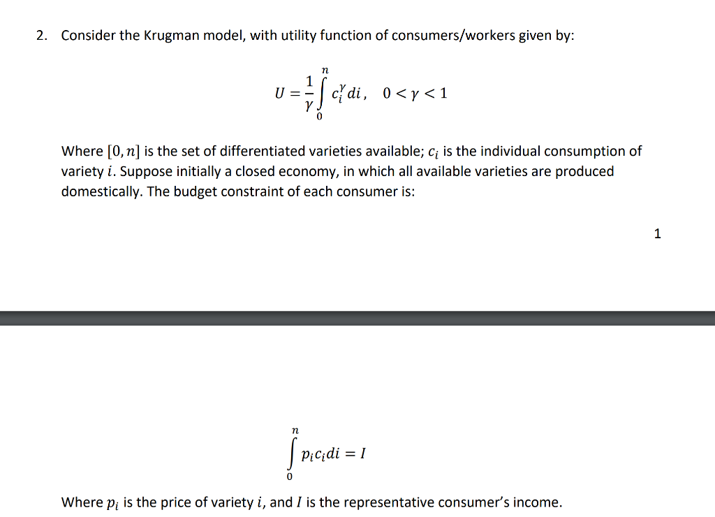 Consider the Krugman model, with utility function of | Chegg.com