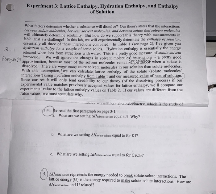 Solved Experiment 3: Lattice Enthalpy, Hydration Enthalpy, | Chegg.com