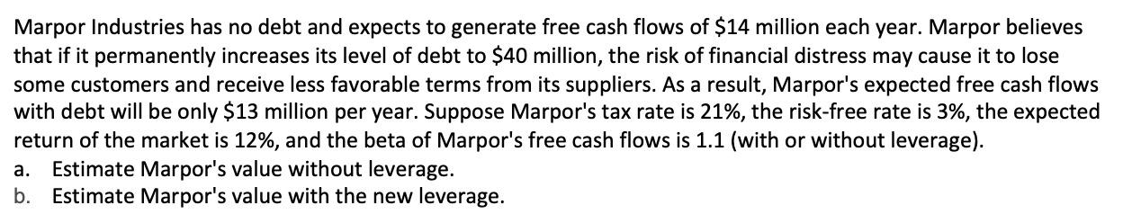 Solved Marpor Industries has no debt and expects to generate | Chegg.com