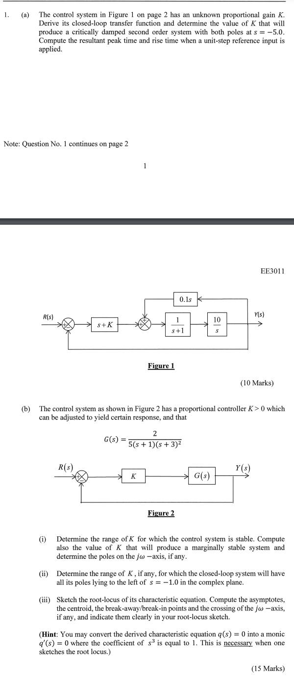 Solved 1. (a) The control system in Figure 1 on page 2 has | Chegg.com