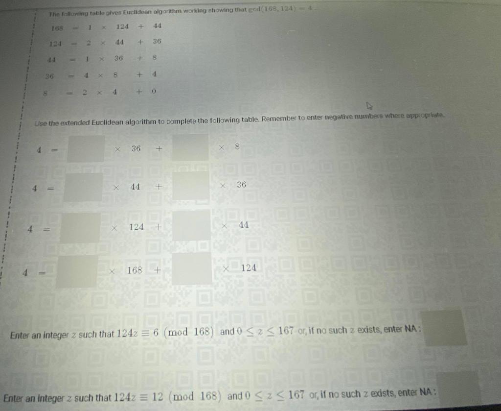 Solved The following table gives Euclidean algorithm working | Chegg.com