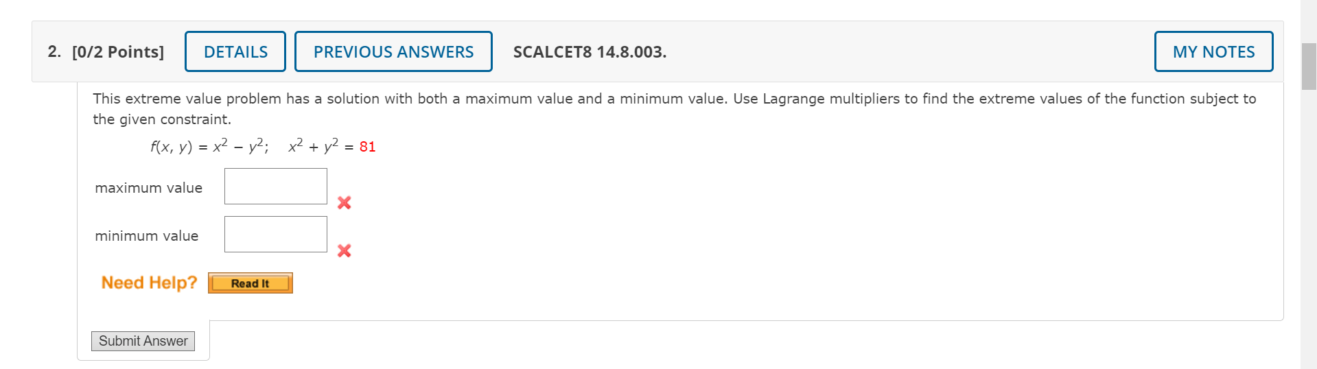 Solved 2. [0/2 Points] DETAILS PREVIOUS ANSWERS SCALCET8 | Chegg.com