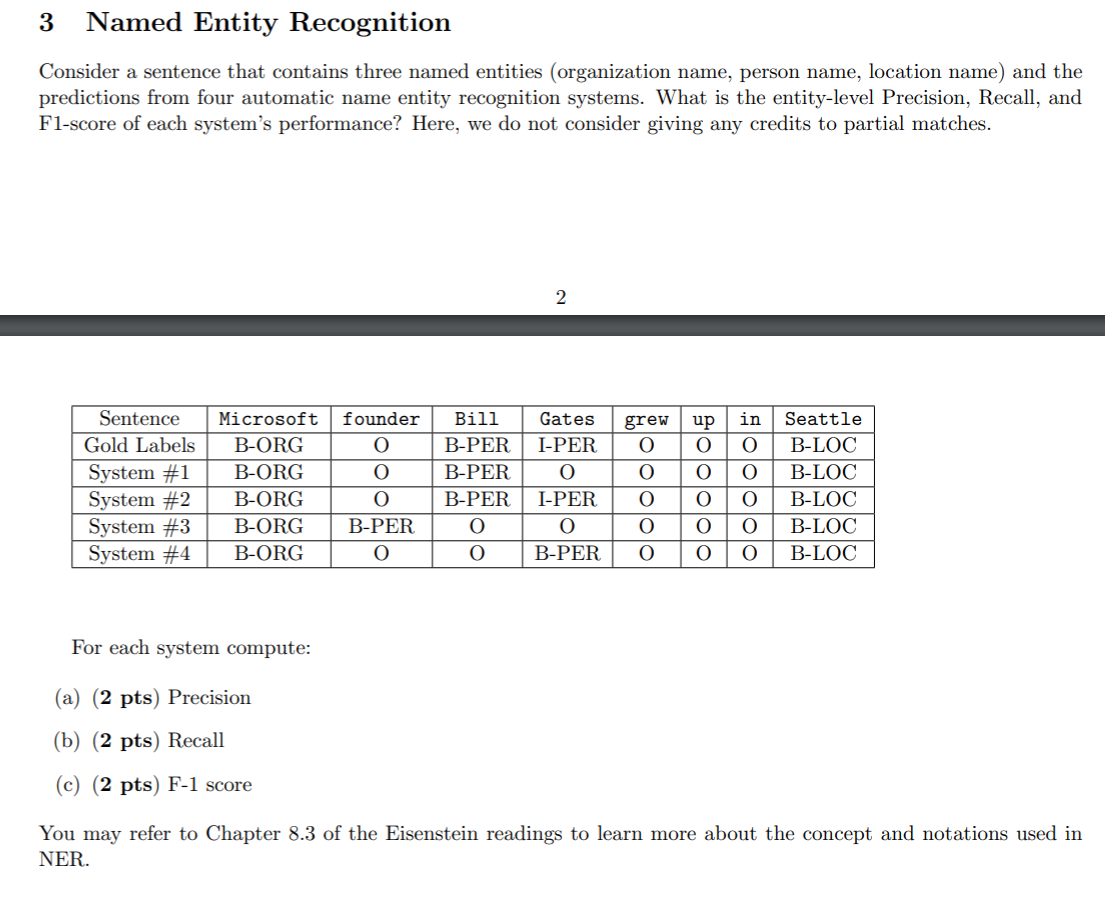 Solved 3 Named Entity Recognition Consider a sentence that | Chegg.com