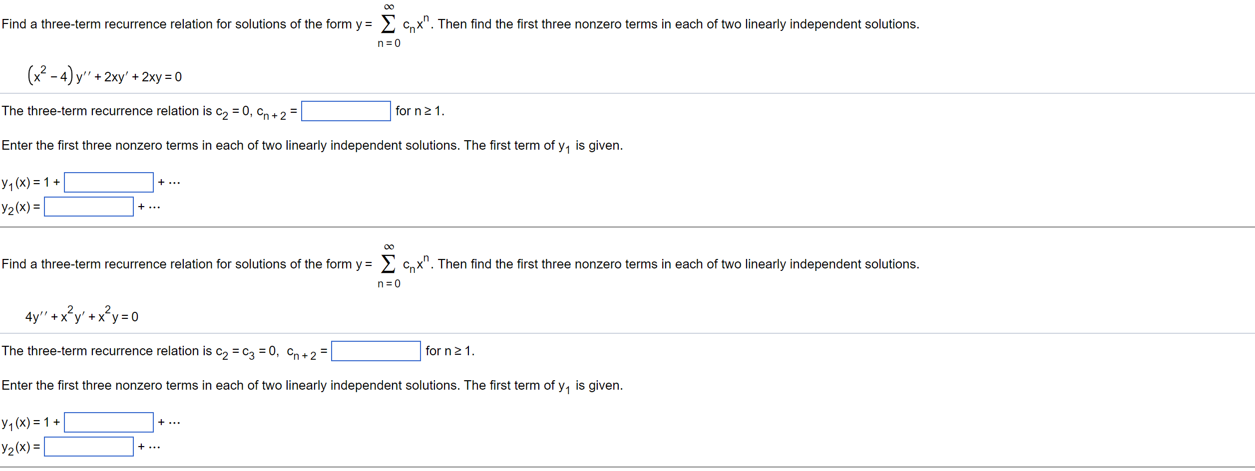 Solved ∞ Find a three-term recurrence relation for solutions | Chegg.com