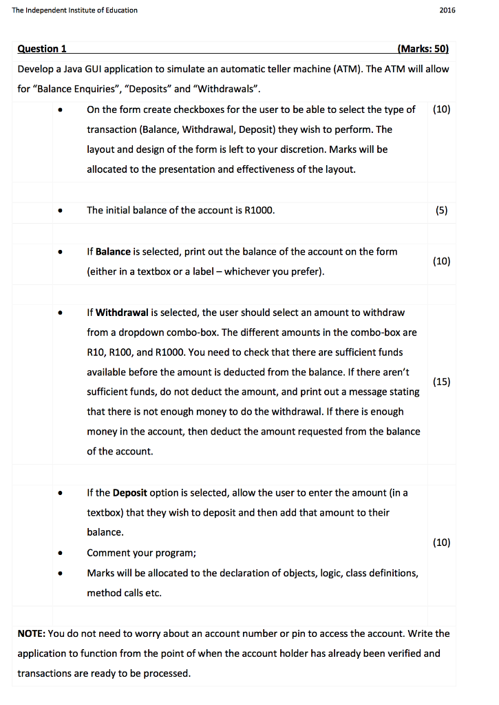 Solved The Independent Institute of Education 2016 Question | Chegg.com