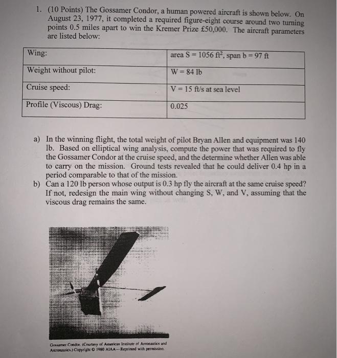 Solved (10 Points) The Gossamer Condor, a human powered | Chegg.com