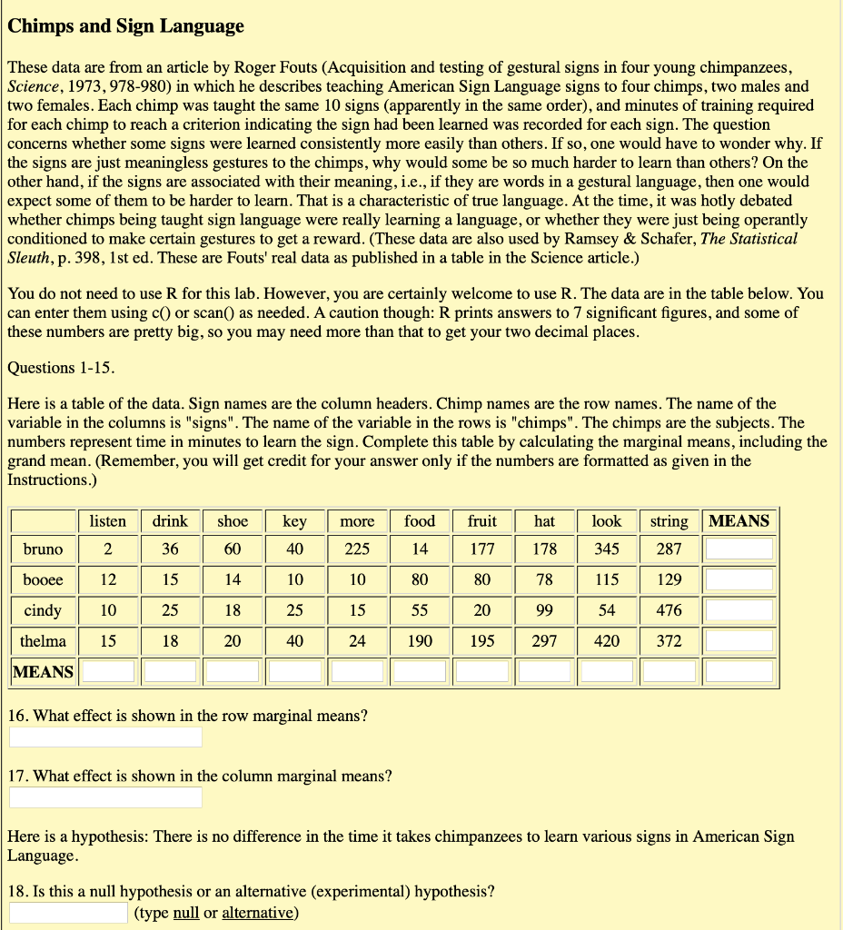 Solved Chimps and Sign Language These data are from an | Chegg.com