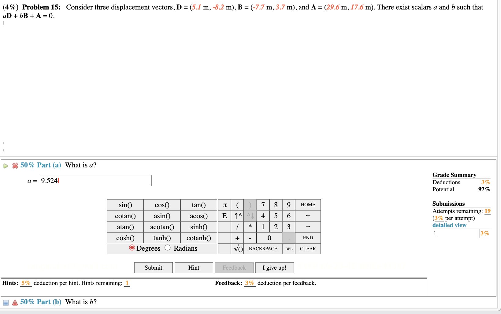 Solved (4\%) Problem 15: Consider three displacement | Chegg.com