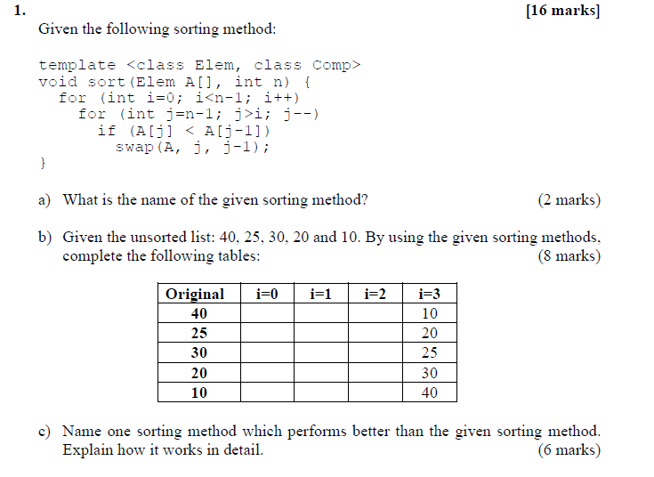 Solved 1. [16 marks] Given the following sorting method: | Chegg.com