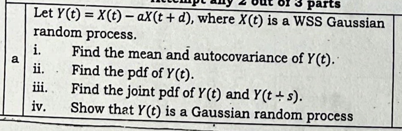 Solved Let Y(t)=X(t)−aX(t+d), where X(t) is a WSS Gaussian | Chegg.com