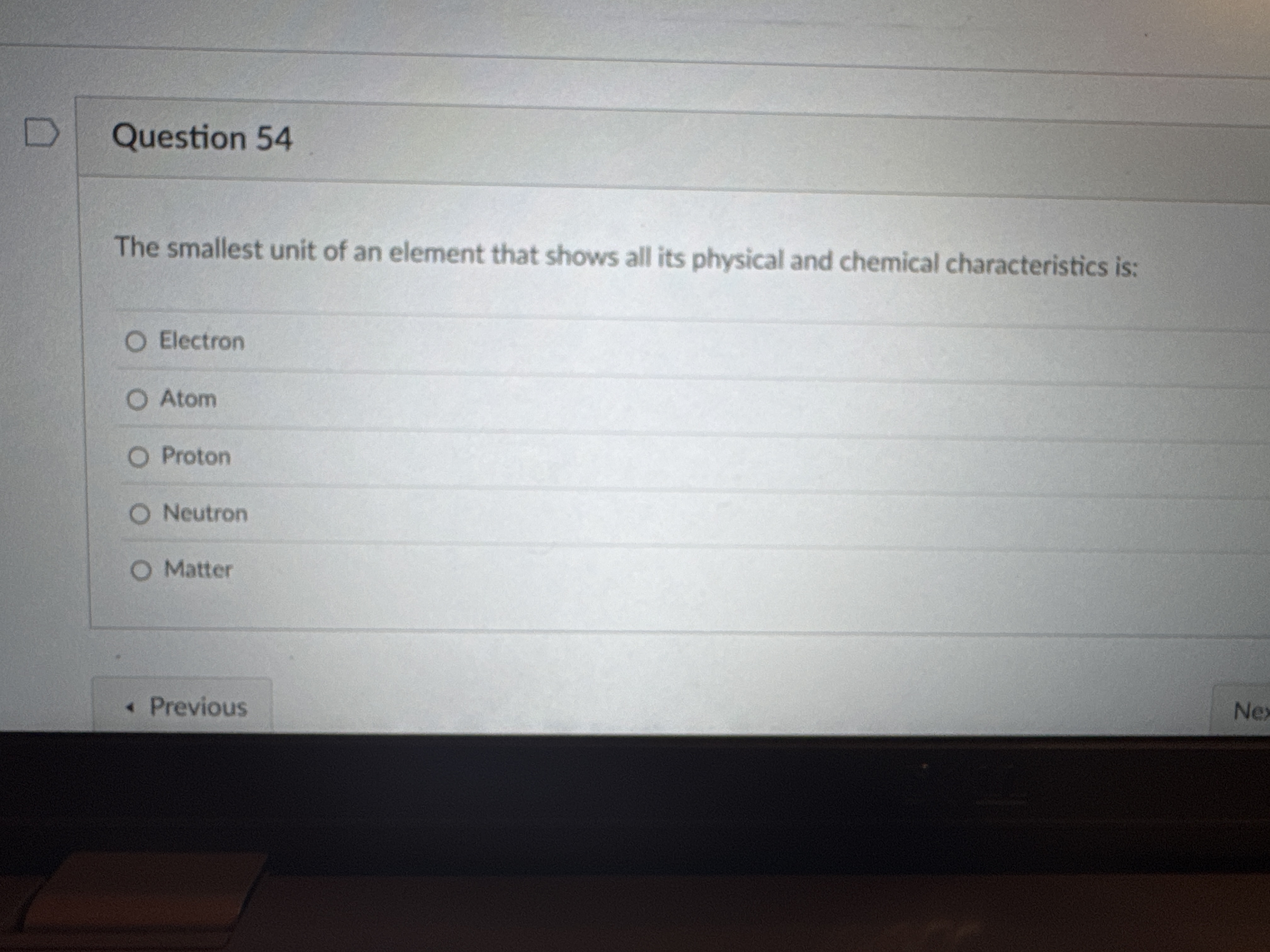 Solved Question 54The smallest unit of an element that shows | Chegg.com