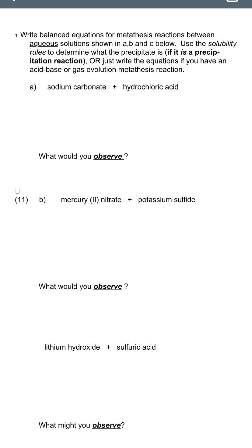 Solved 1. Write balanced equations for metathesis reactions | Chegg.com
