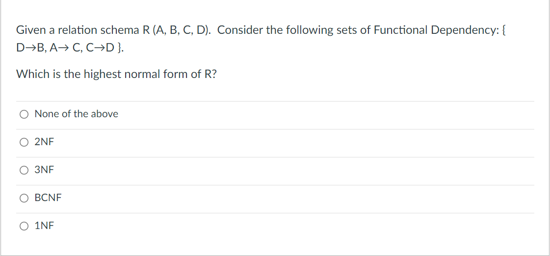 Solved Given a relation schema R (A, B, C, D). Consider the | Chegg.com