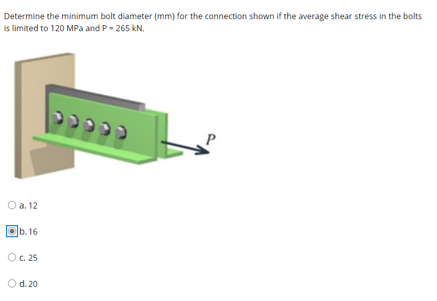 Solved Determine the minimum bolt diameter (mm) for the | Chegg.com
