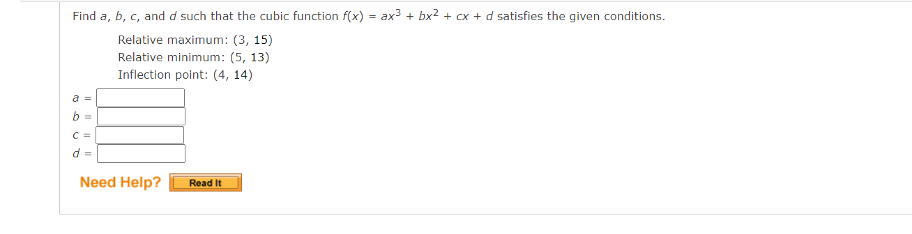 Solved Find a,b,c, and d such that the cubic function | Chegg.com