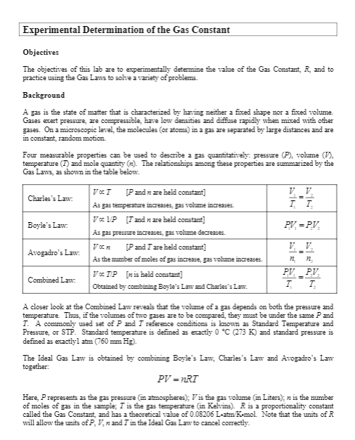 Solved Experimental Determination of the Gas Constant | Chegg.com